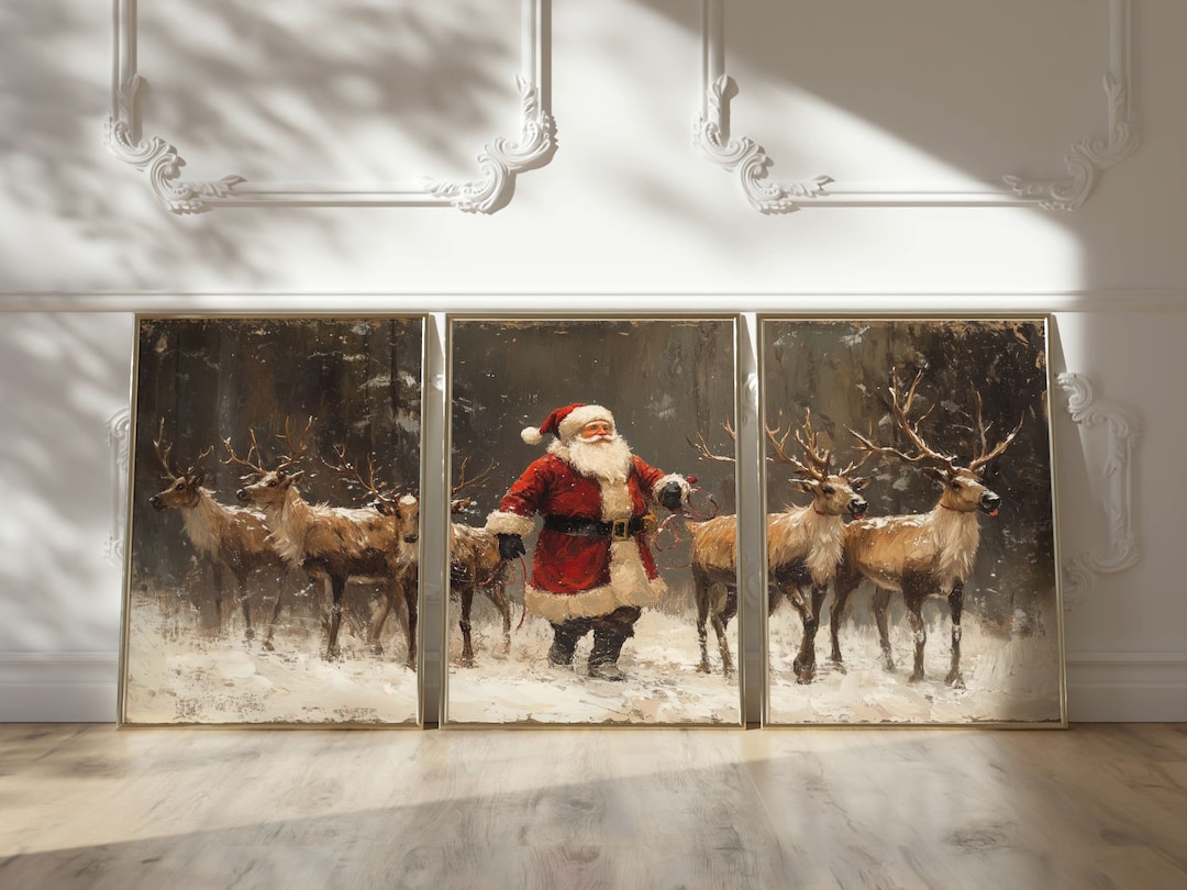 Set of 3 Santa and Reindeers Poster, Christmas Poster Set, Deer, Pine ...