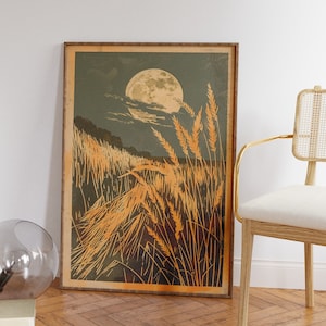 Vintage Print of a Wheat Field at Night With a Full Moon, Linocut Style ...