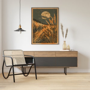 Vintage Print of a Wheat Field at Night With a Full Moon, Linocut Style ...