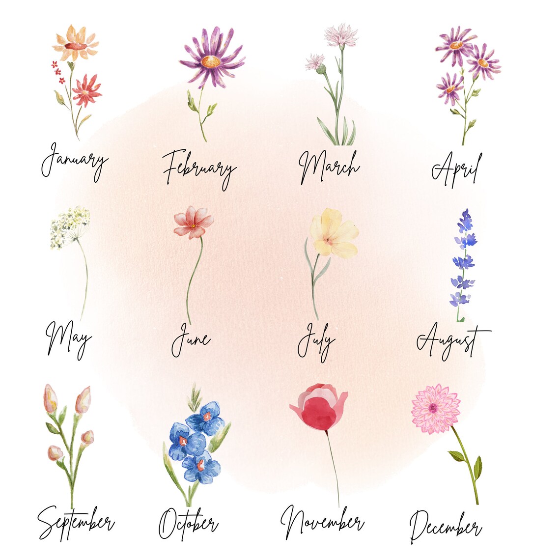 Custom Family Flower Bouquet, Birth Month Flower Art, Birth Flower ...