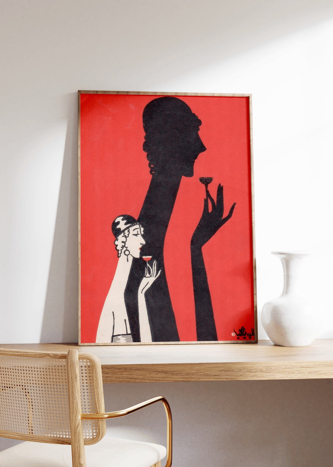 Woman and Shadow Sipping Drink Poster, Funny Cocktail Print, Art Deco ...