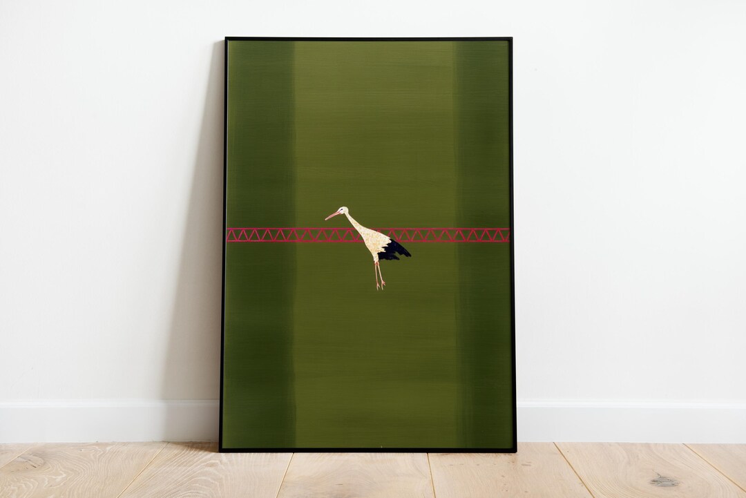 Vintage Crane Painting, Japanese Crane Print, Muted Green Tones ...