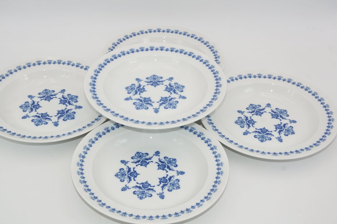 5 Melitta Jeverland Frisian Blue SOUP PLATES Porcelain White / Blue 60s ...