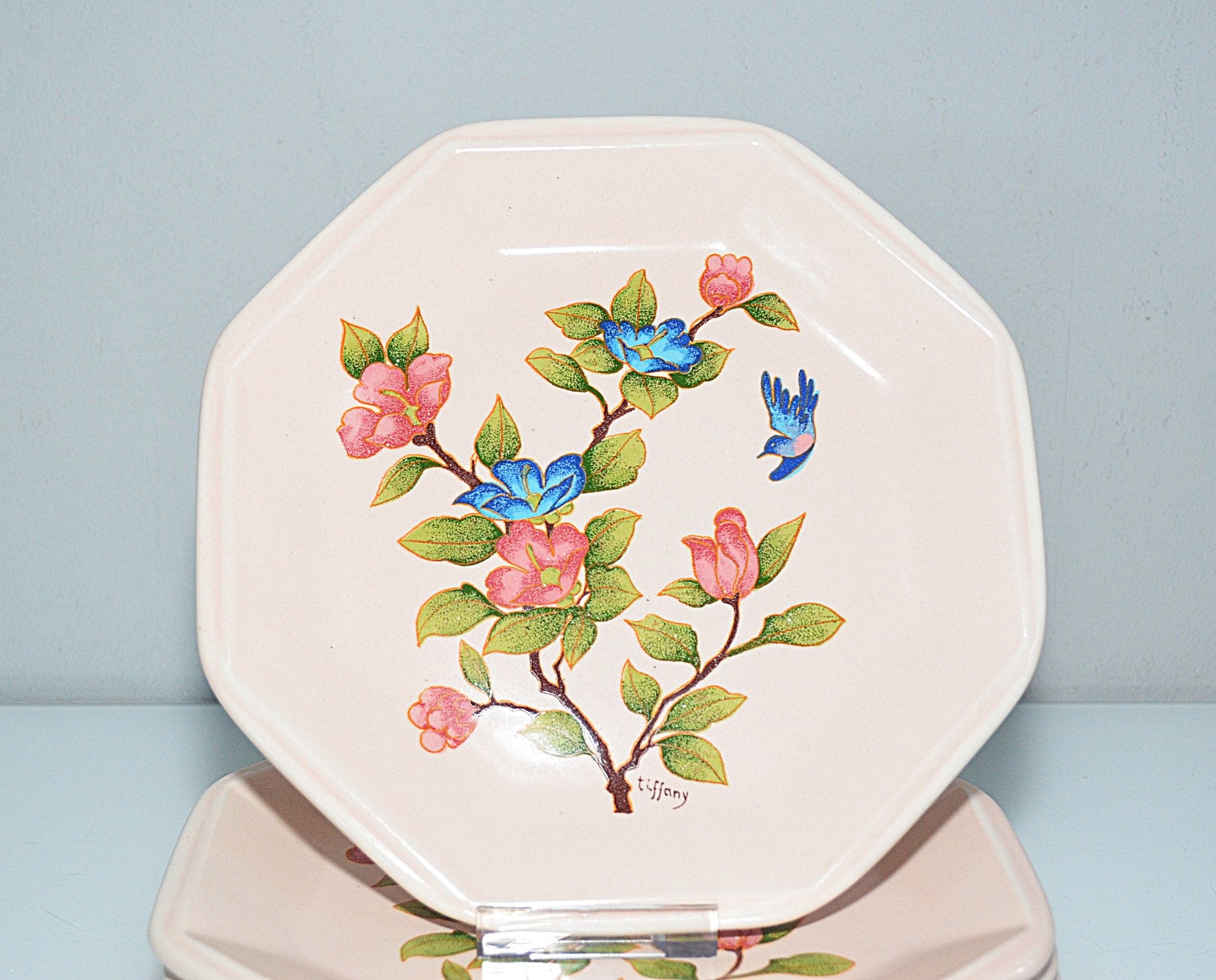TIFFANY CERAMICHE Italy Plate Cake Plate Pink Flowers Bird Decor ...