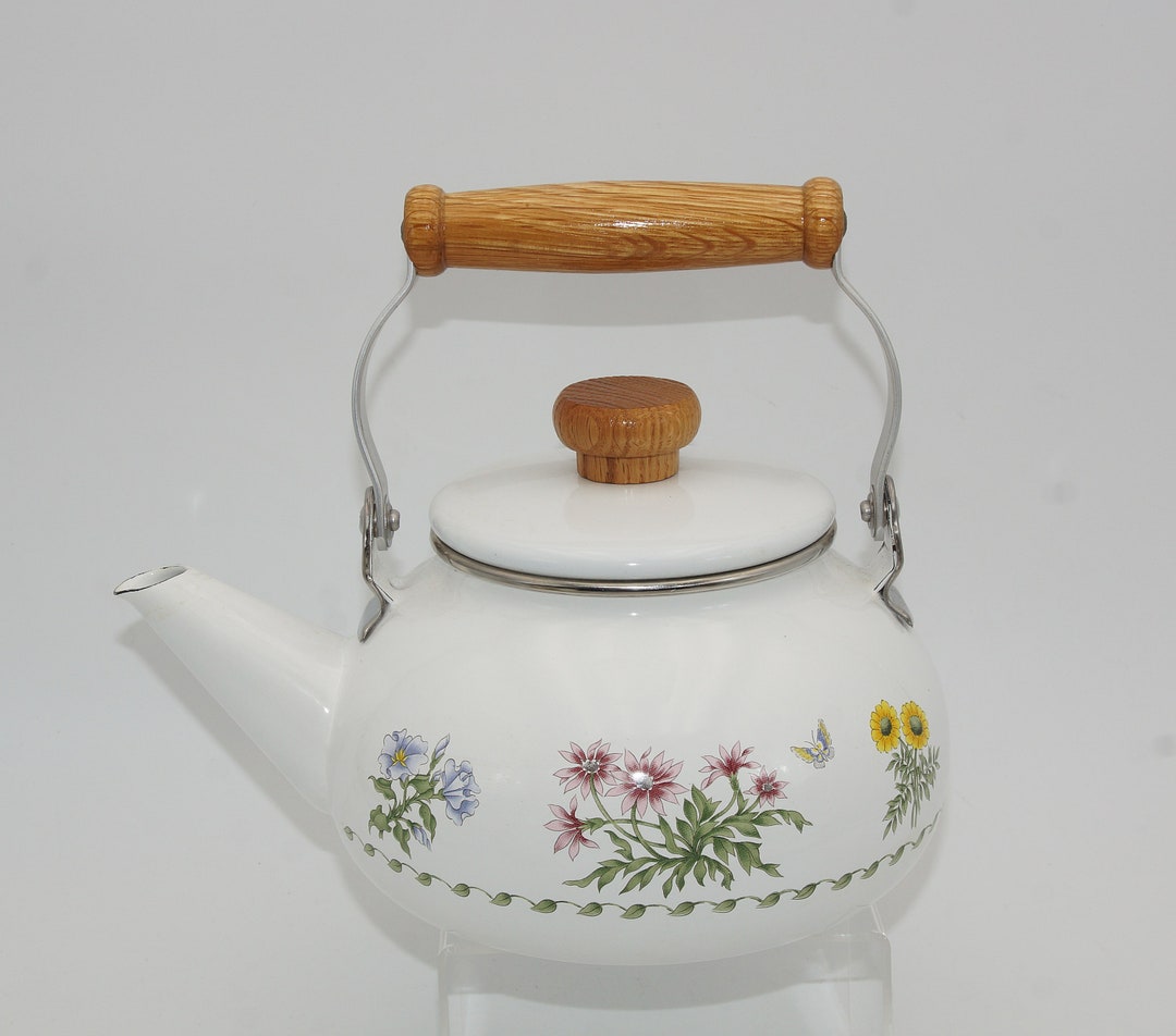 Flower Kettle Enamel With Wooden Handle, Vintage Enamel Kettle White ...