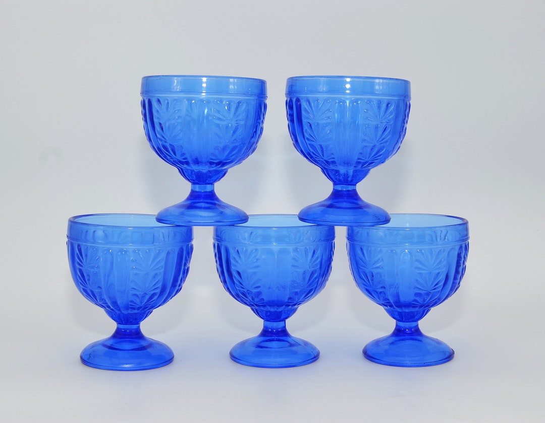 5 Old Blue Juice Glasses, Blue Juice Glass, Water Glass Ice Bowl Retro ...