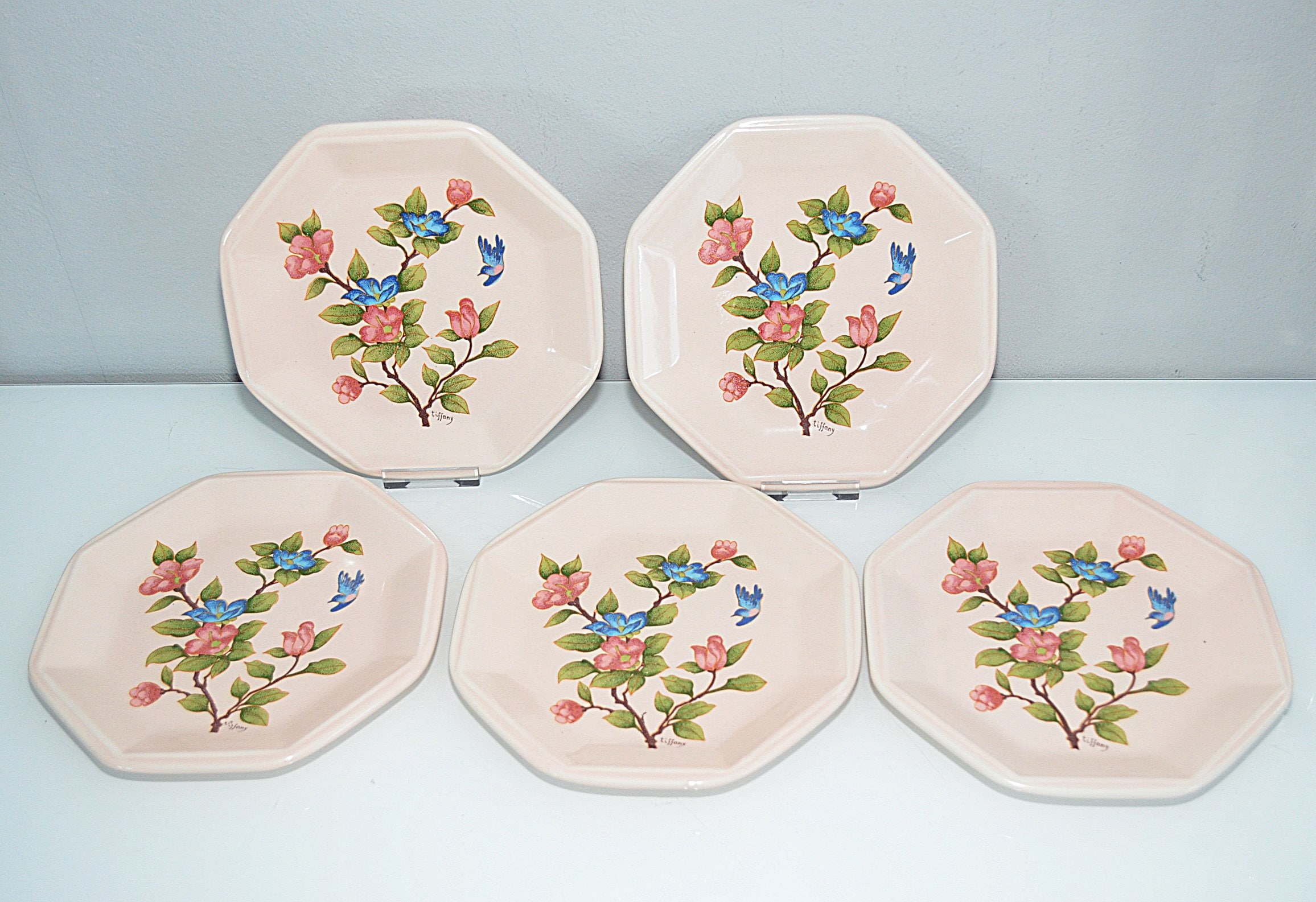 TIFFANY CERAMICHE Italy Plate Cake Plate Pink Flowers Bird Decor ...