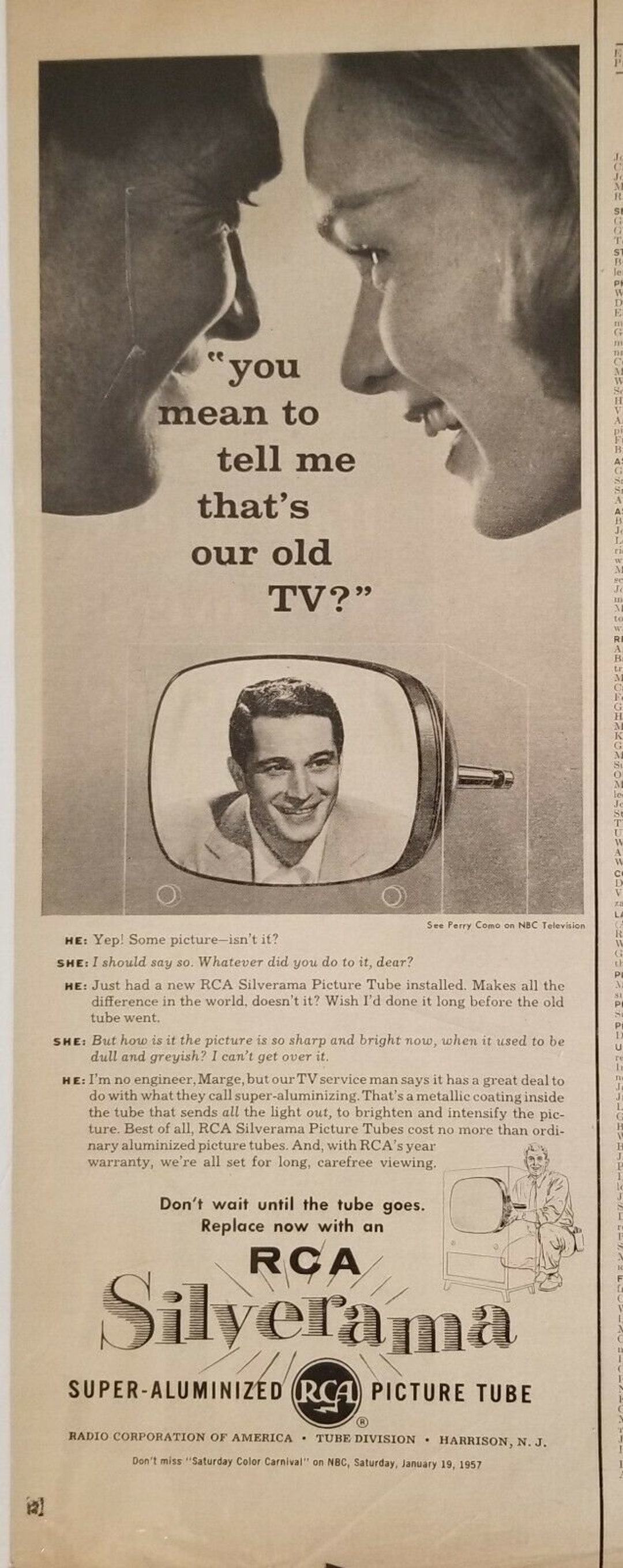 Original Vintage Ad for 1957 RCA Silverama TV Picture Tube Perry Como ...