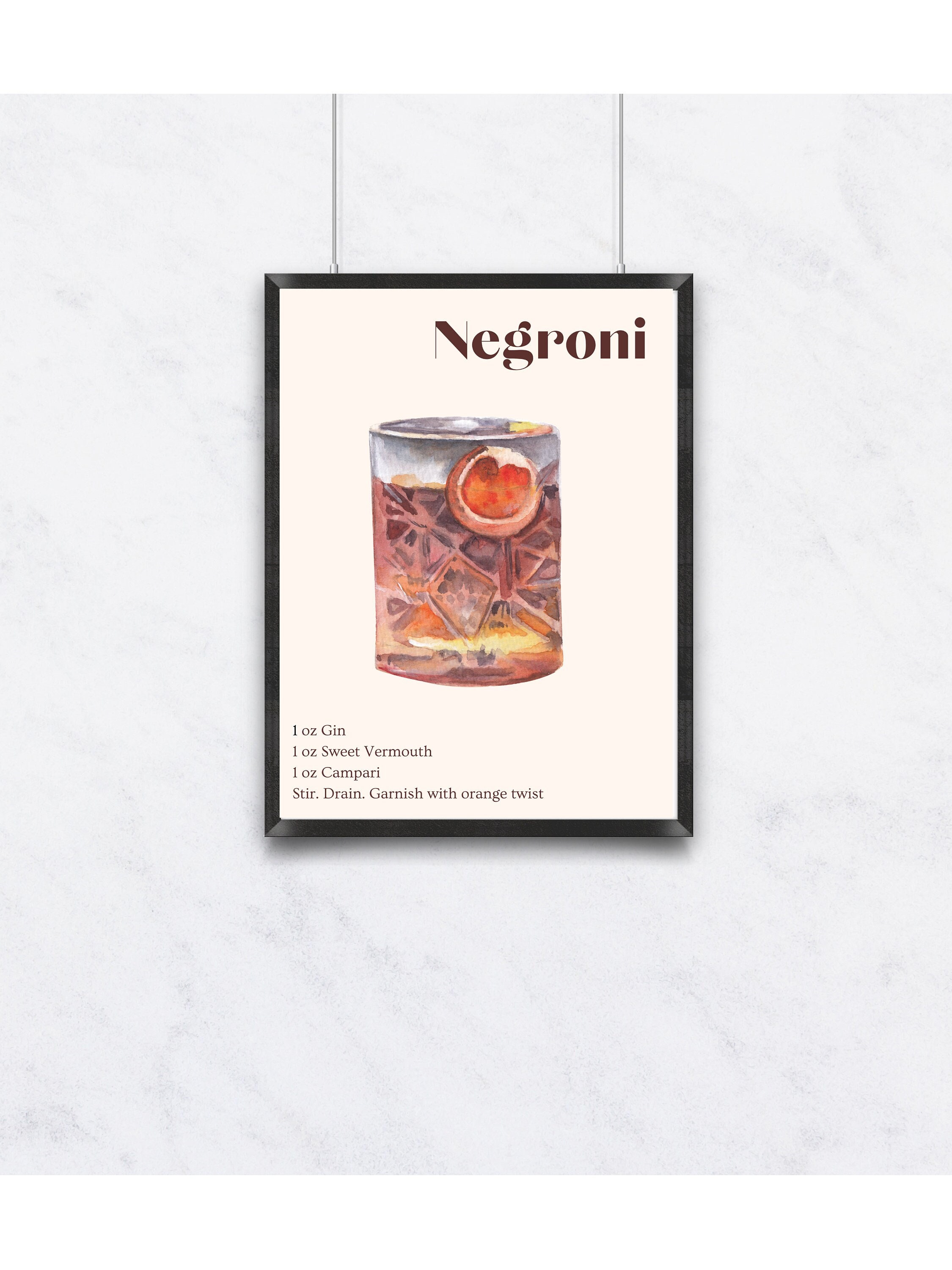Retro Negroni Recipe Wall Art, Watercolor Cocktail Poster, Cocktail ...