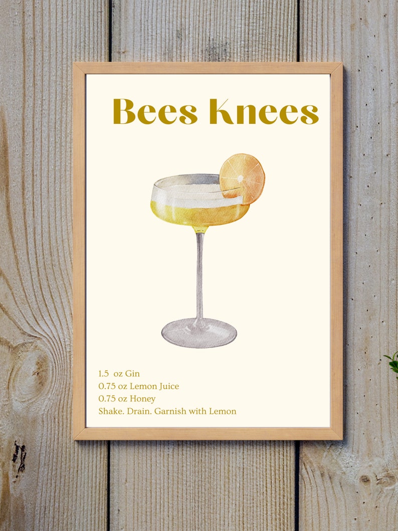 Retro Bees Knees Recipe Wall Art, Watercolor Cocktail Poster, Cocktail ...