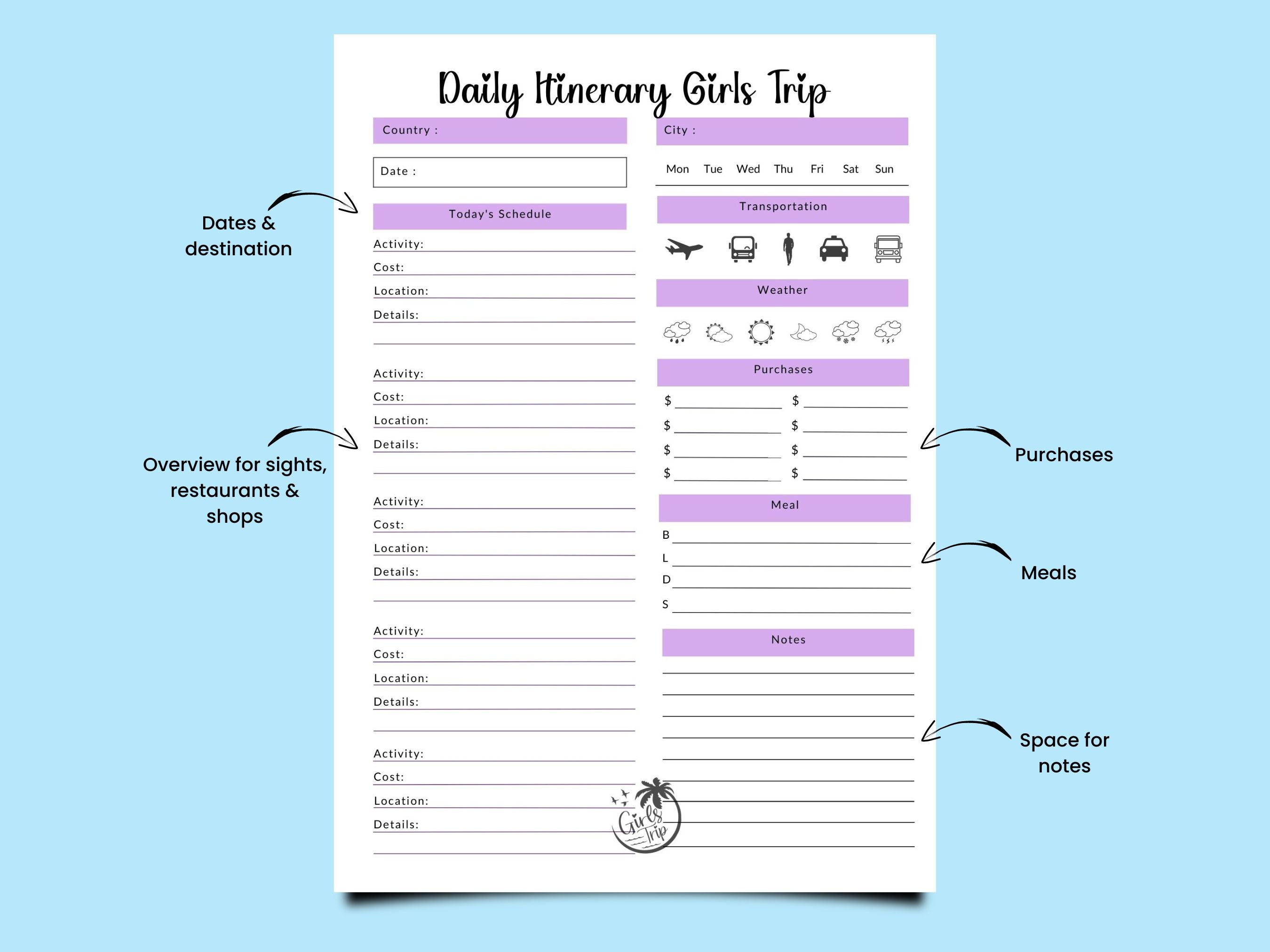 Travel Itinerary Girls Trip - Printable Trip Planner, Girls Trip Plan ...
