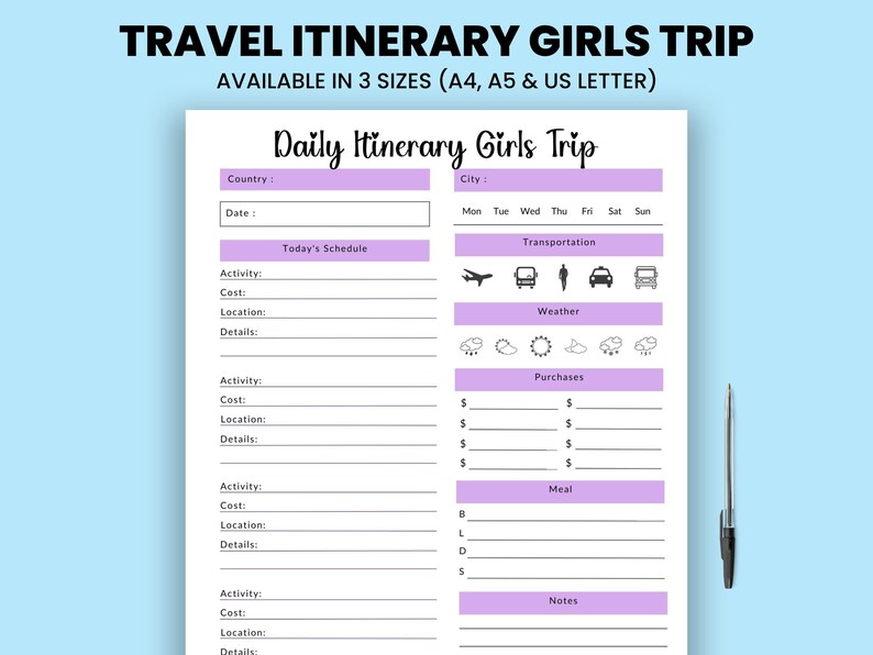 Travel Itinerary Girls Trip Printable Trip Planner, Girls Trip Plan ...