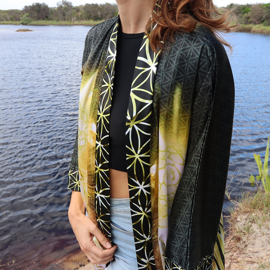 Black and Gold Chakras Angels Wings Spirit Robe Kimono Style Satin ...