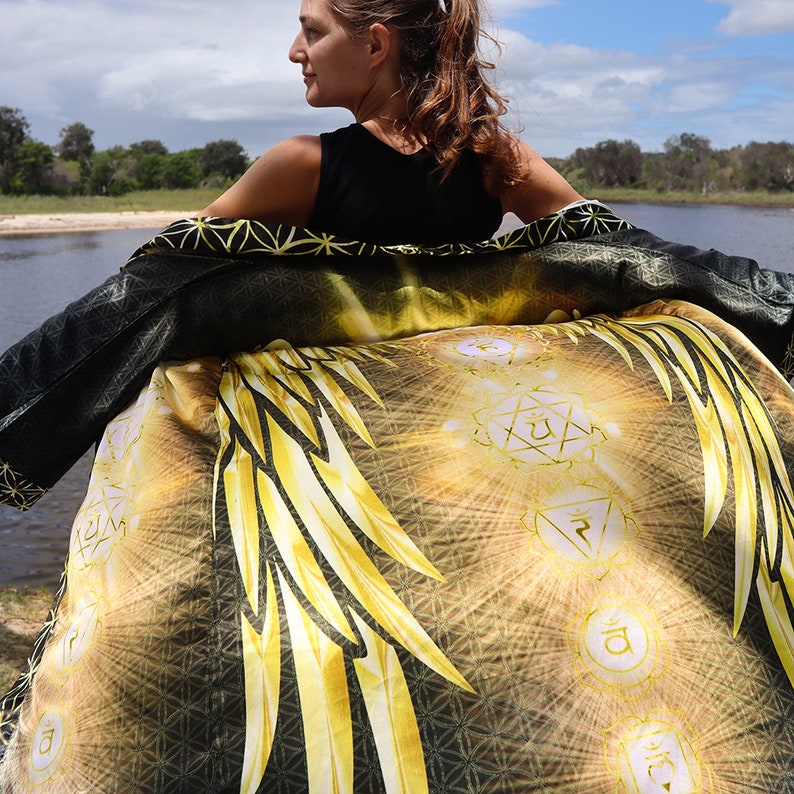 Black and Gold Chakras Angels Wings Spirit Robe Kimono Style Satin ...