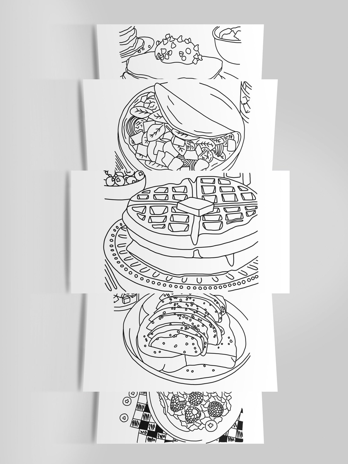 Printable Coloring Pages Breakfast Food Themed, Avocado Toast, Waffles ...