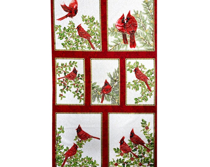 Red Cardinals Fabric Panel, A Festive Season, Quilting Cotton Fabric ...
