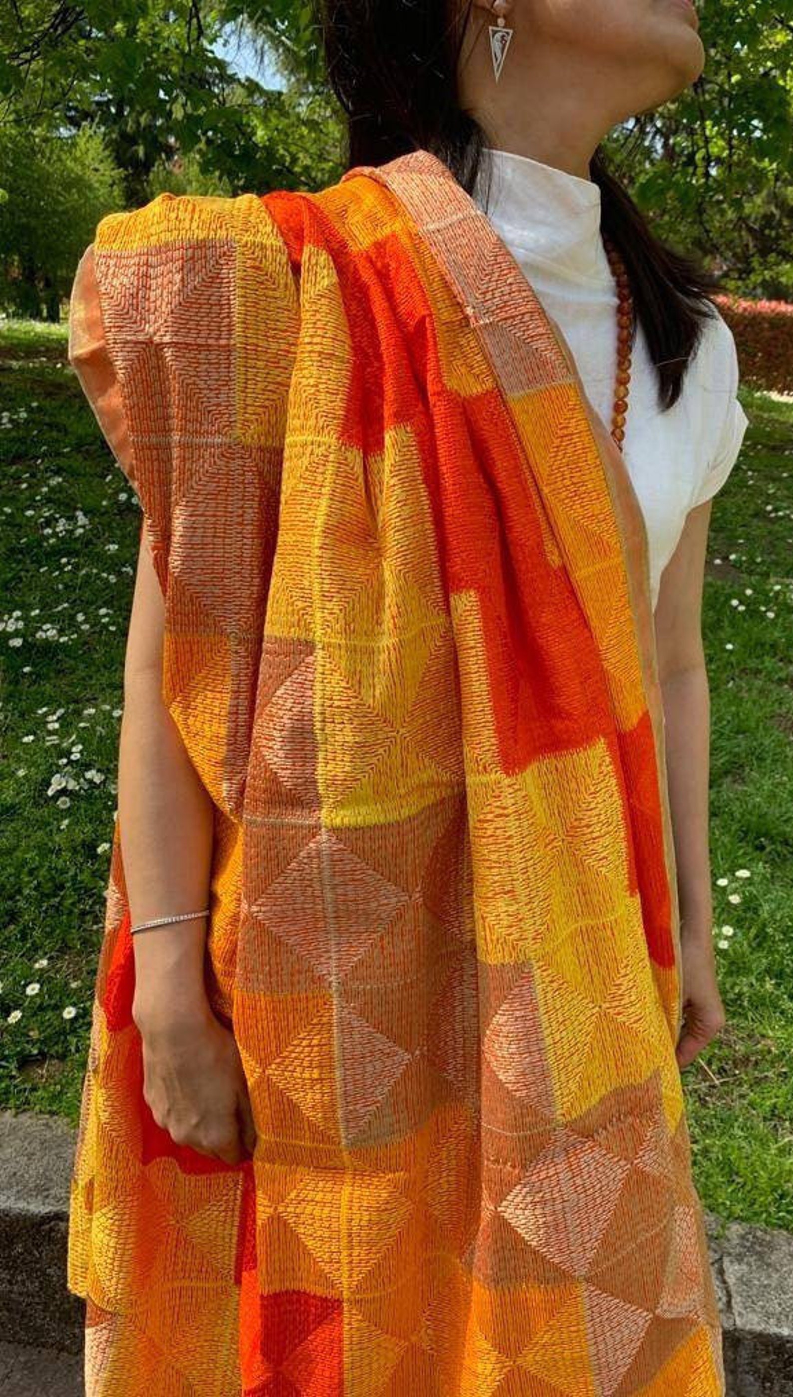 Phulkari From Punjab Handmade Elegant Orange Yellow Phulkari With Zari ...