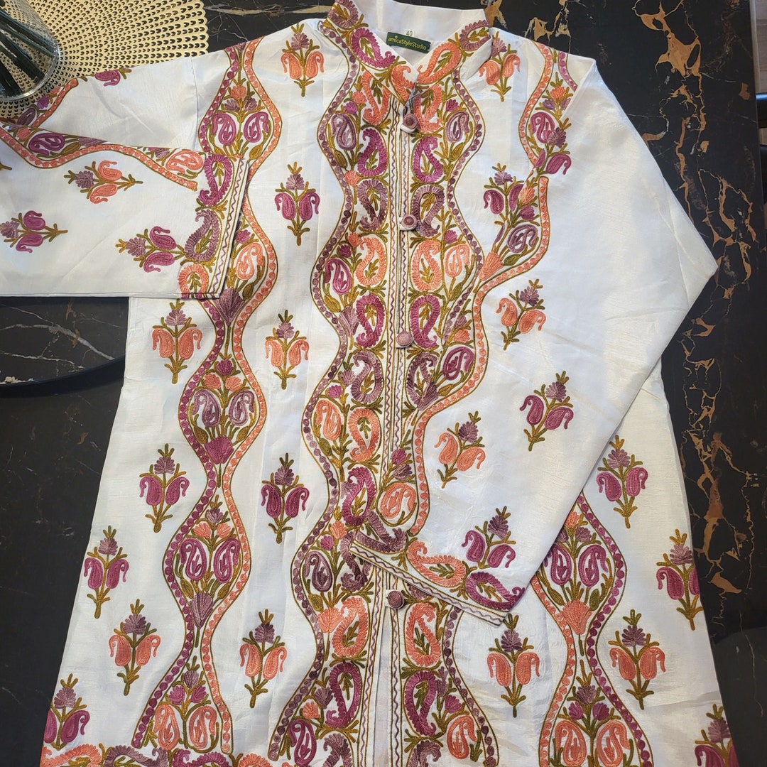 Beautiful White Hand Embroidered Long Raw Silk Kashmir Jacket/bohemian ...