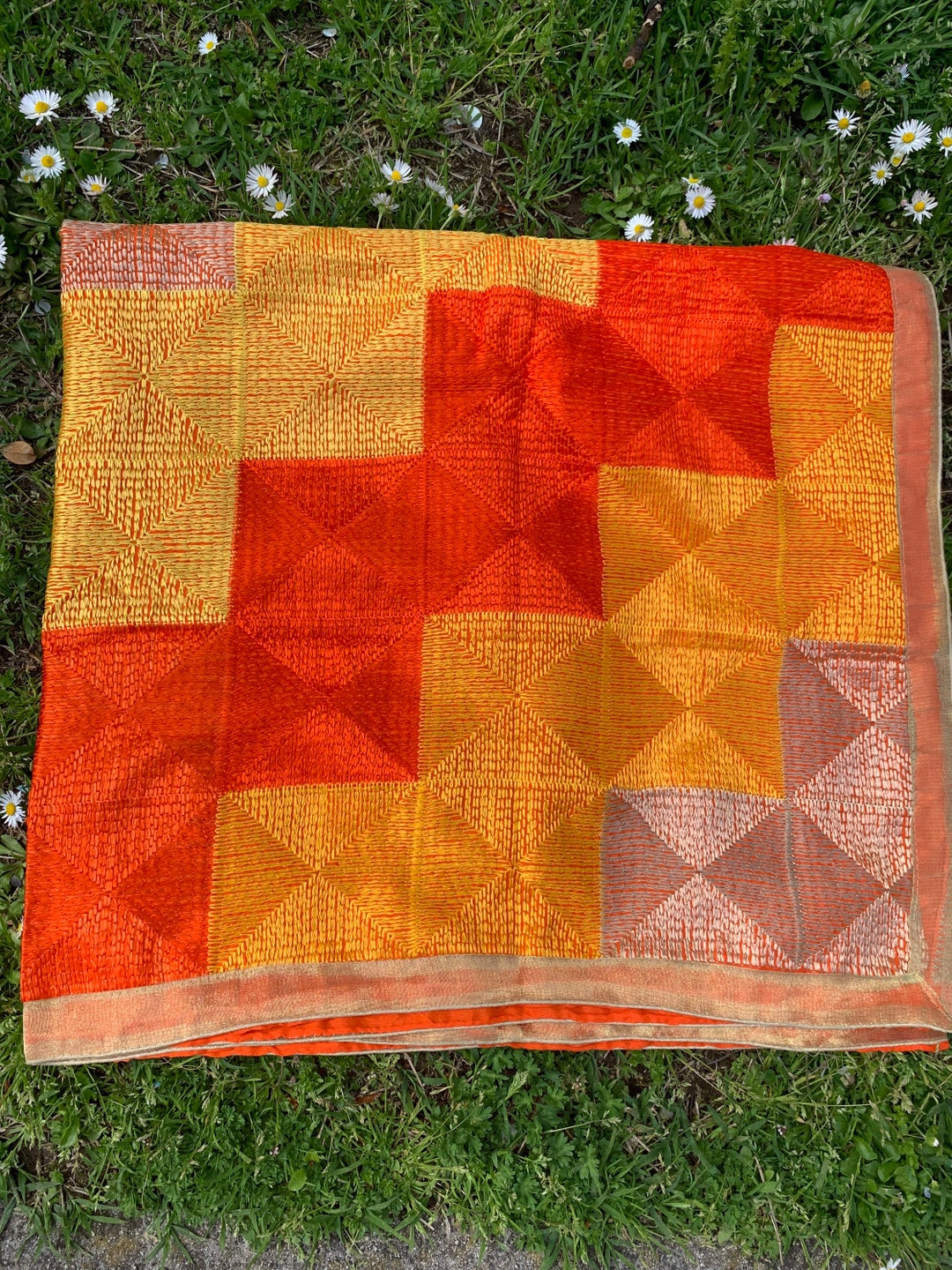 Phulkari From Punjab Handmade Elegant Orange Yellow Phulkari With Zari ...