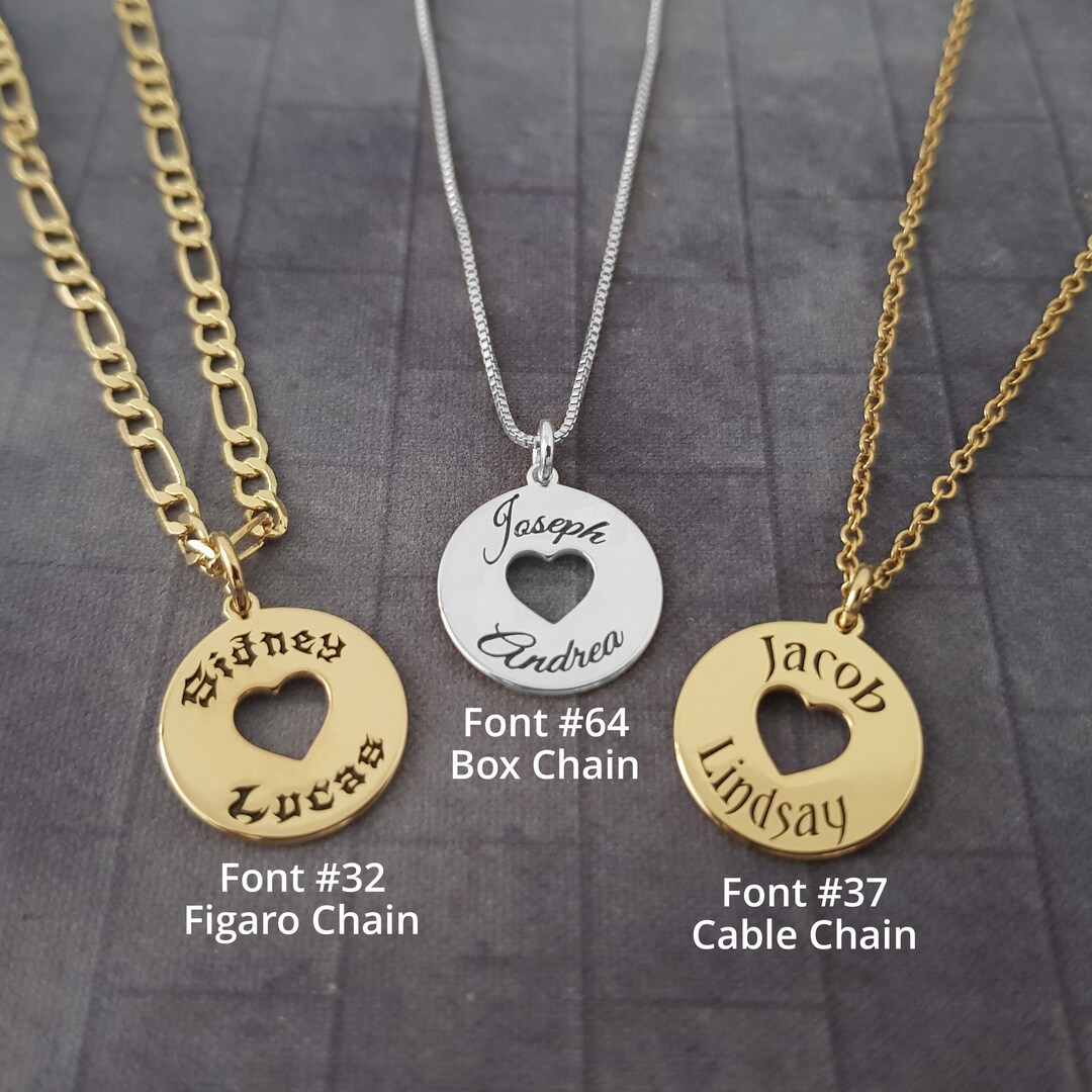 Personalized Names Disc Necklace, Engraved Names Coin Necklace, Gothic ...