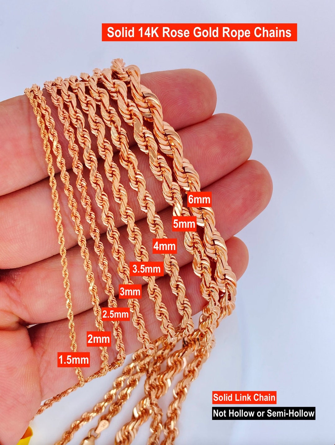 Solid 14K Rose Gold Rope Chain, Heavy Diamond Cut Rope Chain Necklace ...