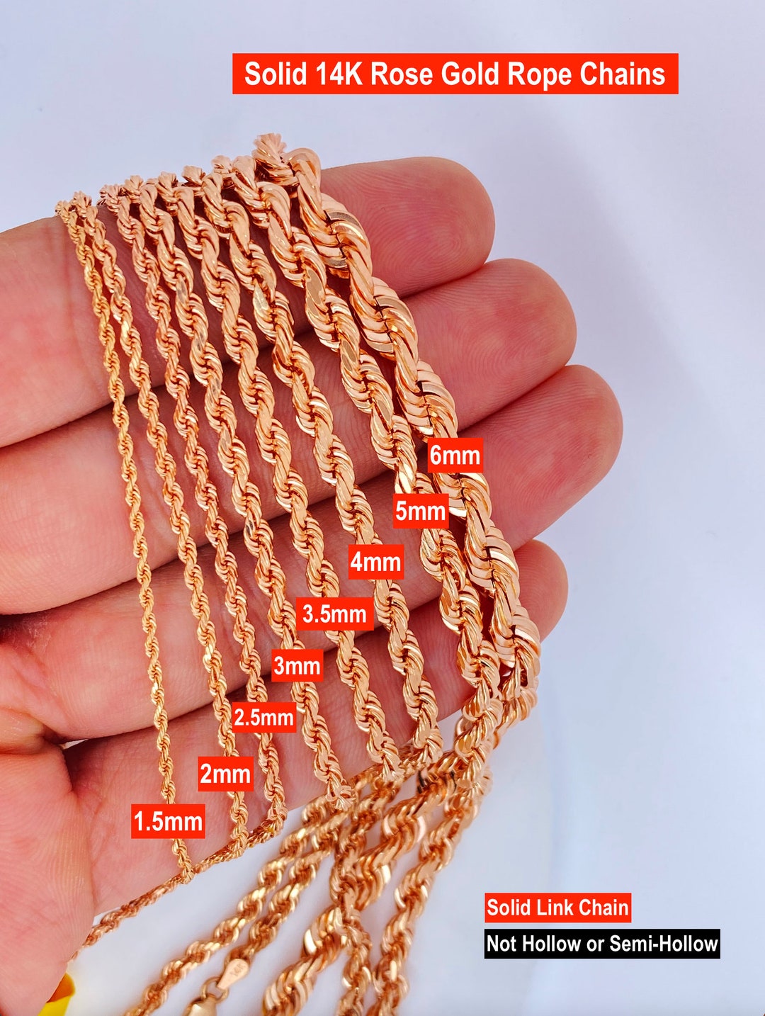 Solid 14K Rose Gold Rope Chain, Heavy Diamond Cut Rope Chain Necklace ...