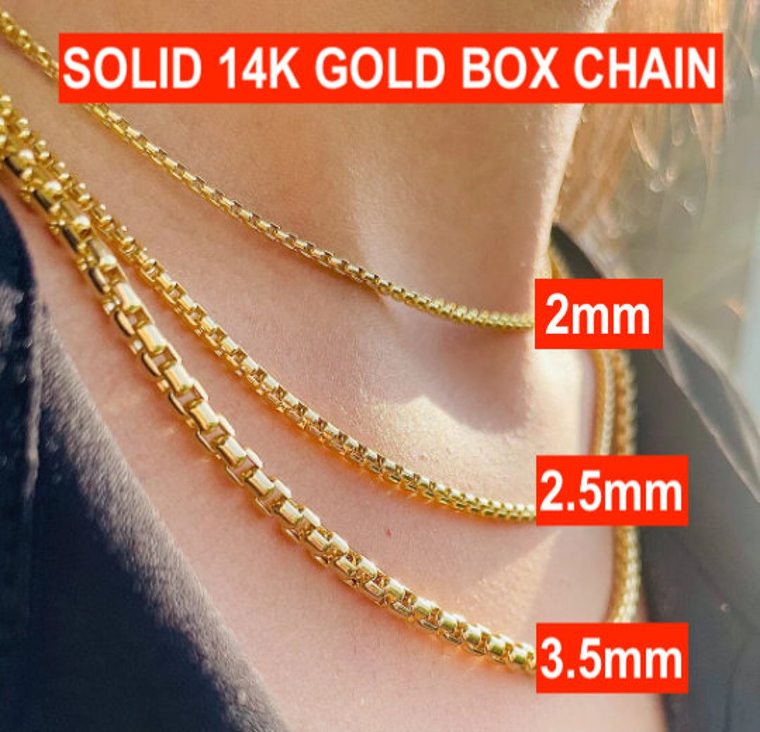 Solid 14K Gold Box Chain Necklace, GOLD Layering Box Chain, 2mm 3.5mm ...