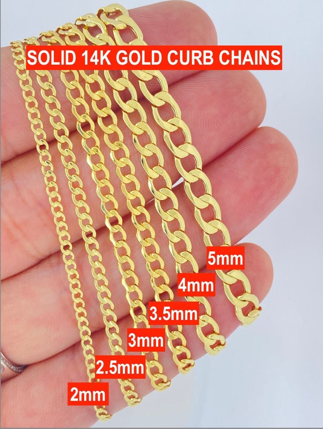 Solid 14K Gold Curb Chain Necklace, 2mm 2.5mm 3mm 3.5mm 4mm 5mm Curb Link, Strong Ladies Gold ...