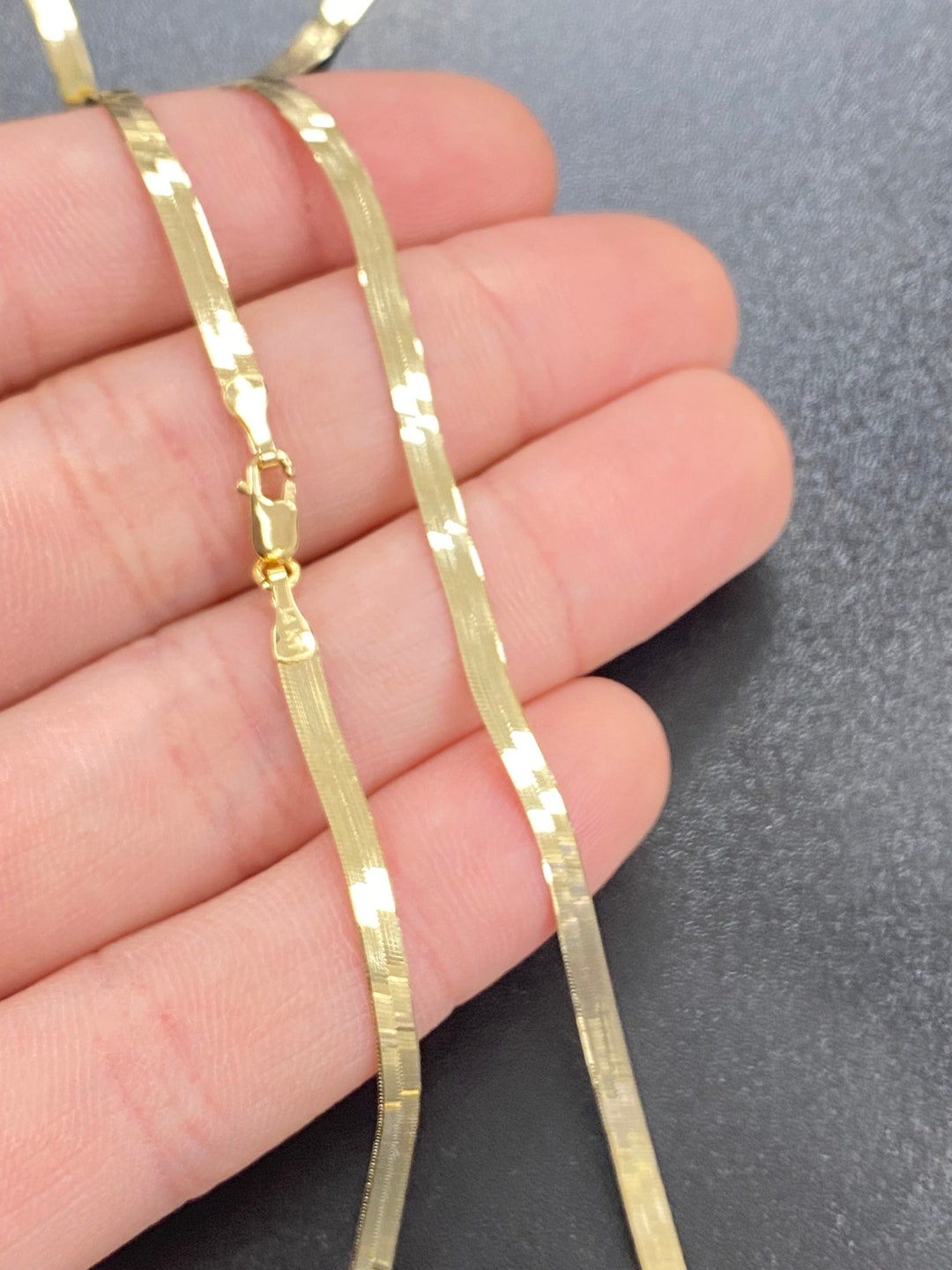 Solid 14K Gold Shiny 3mm Herringbone Necklace, 14K Gold 3mm Herringbone Bracelet Necklace, High ...