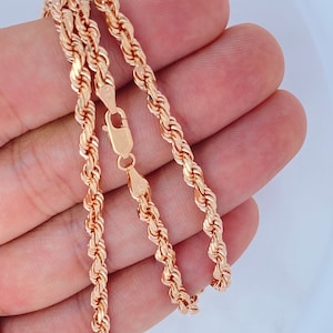 Solid 14K Rose Gold Rope Chain, Heavy Diamond Cut Rope Chain Necklace ...