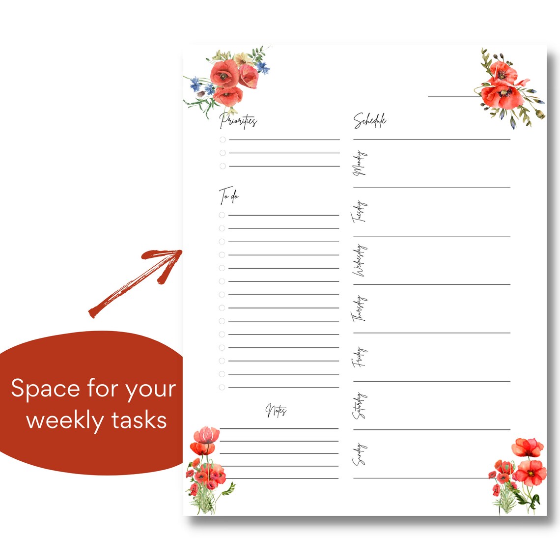 Weekly Printable Undated Planner Template Page Illustrated With Poppy ...