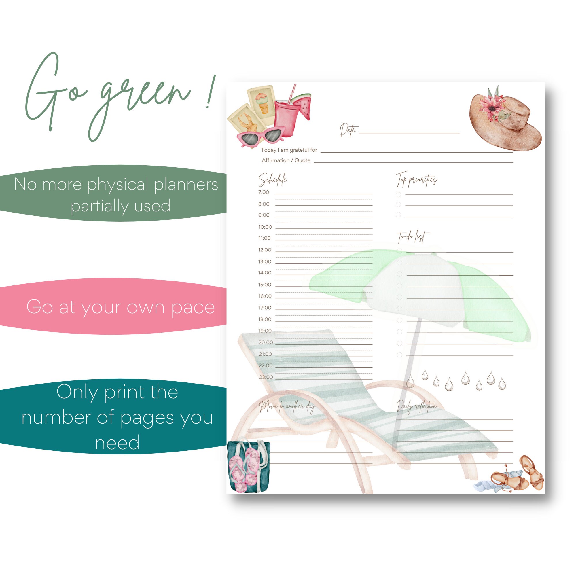 Daily Printable Undated Planner Template Page Illustrated With Beach ...