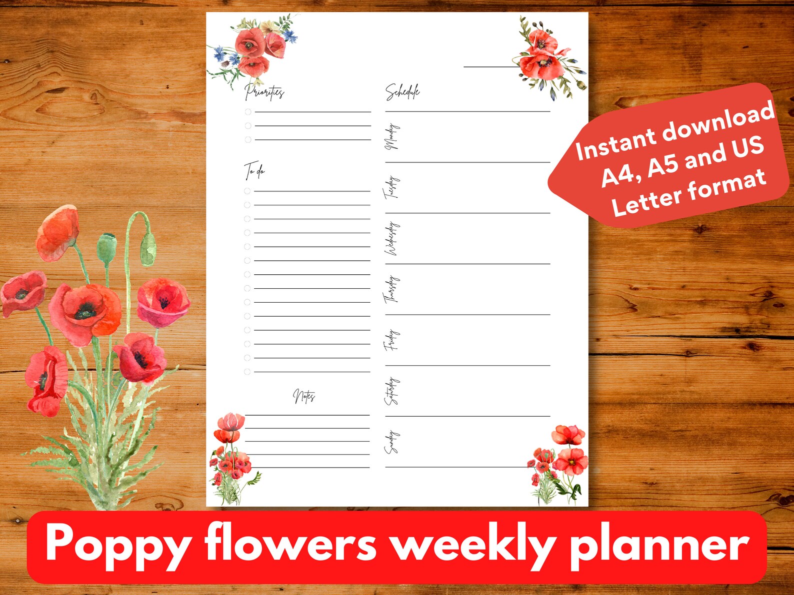 Weekly Printable Undated Planner Template Page Illustrated With Poppy ...