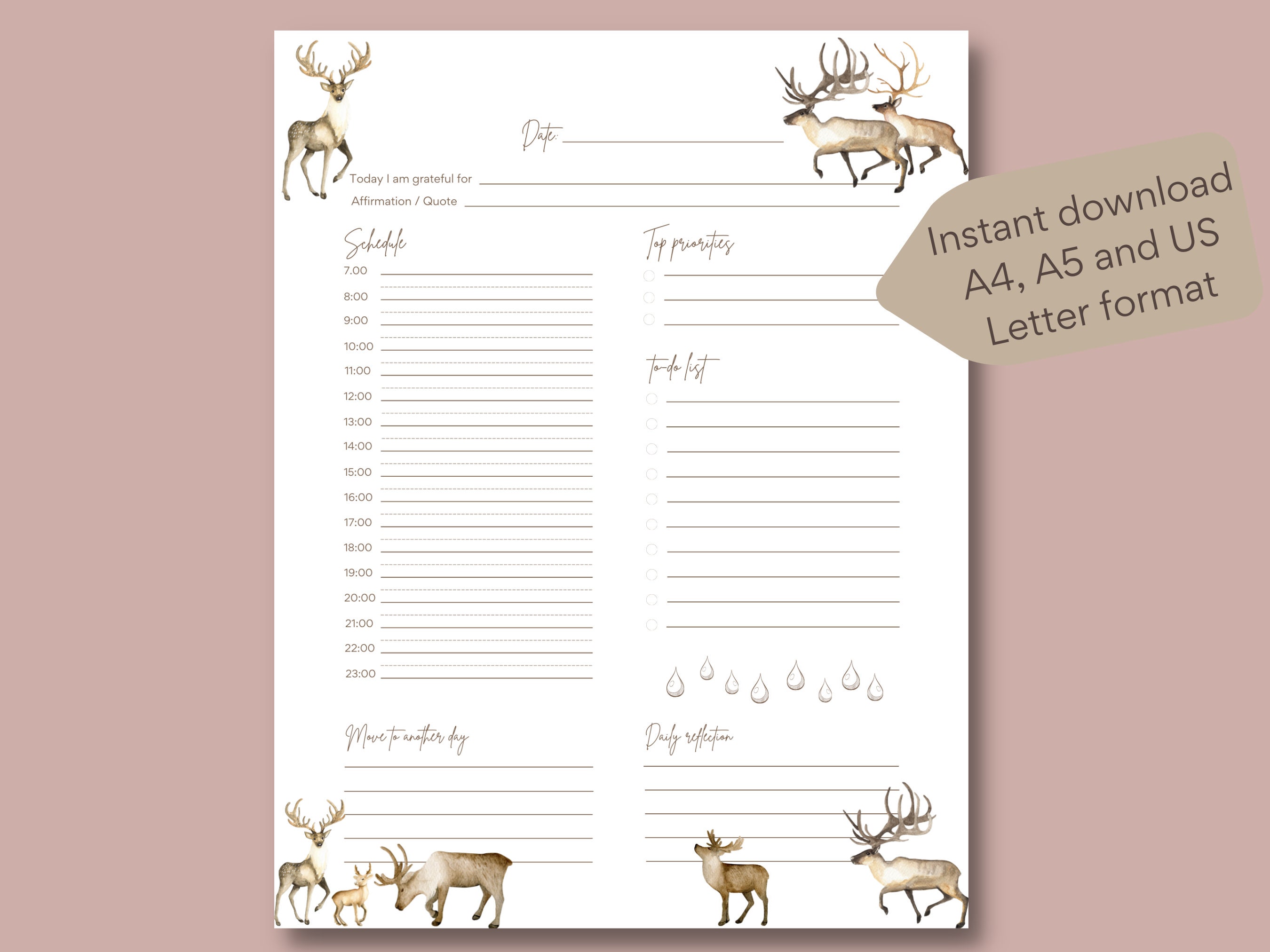 Daily Printable Undated Planner Template Page Illustrated With a Deer ...