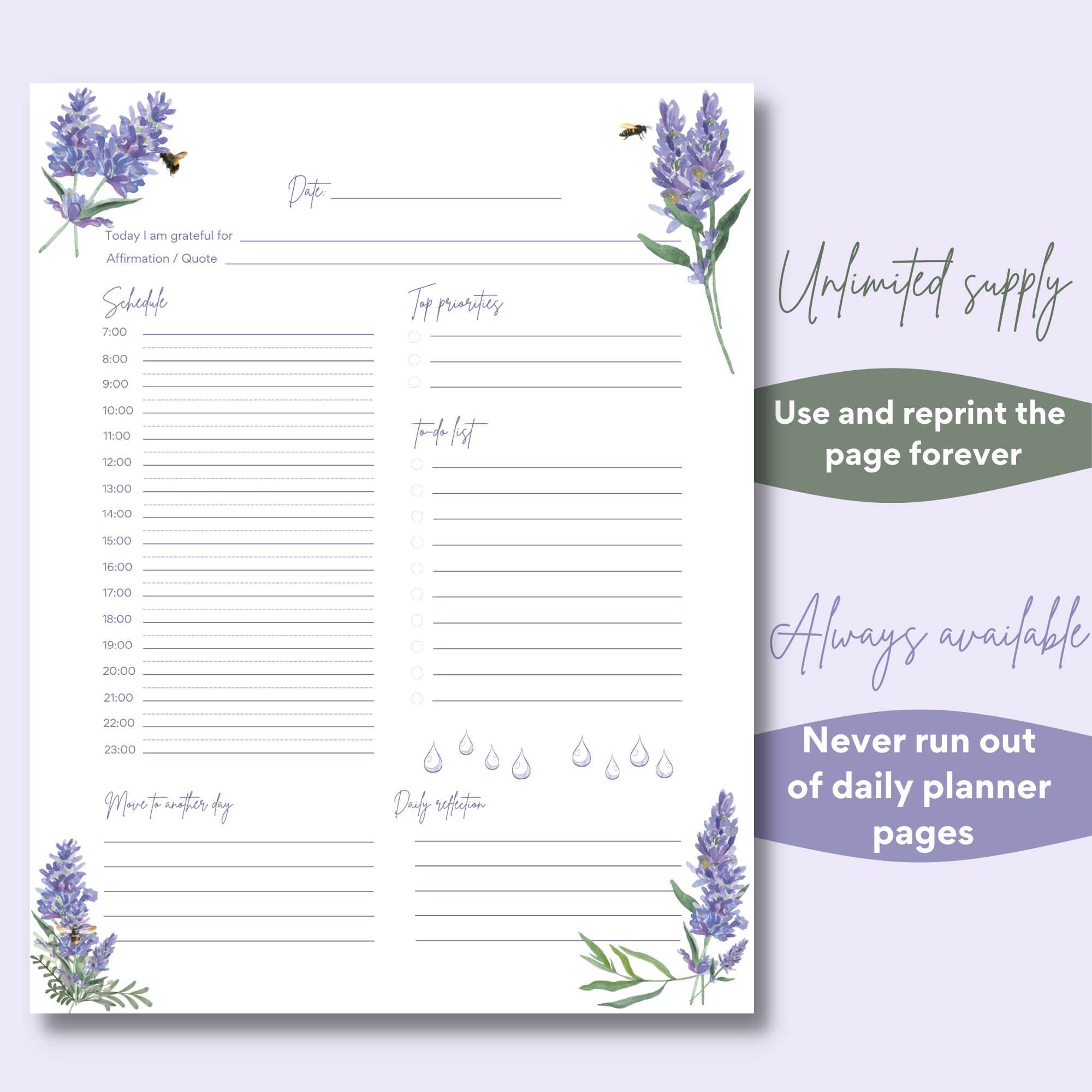 Daily Printable Undated Planner Template Page Illustrated With Lavender ...