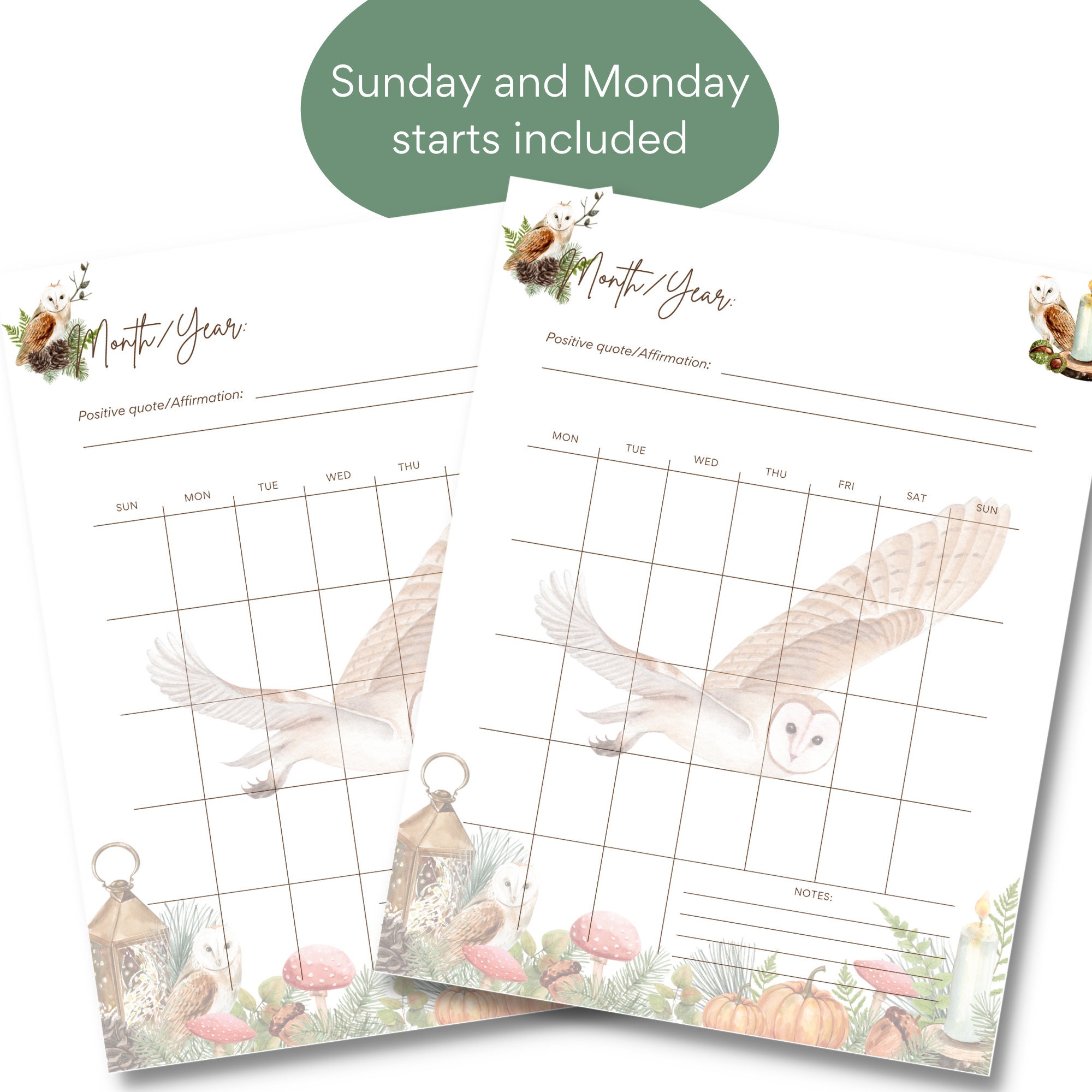 Monthly Printable Undated Planner Template Page Illustrated With Owls ...