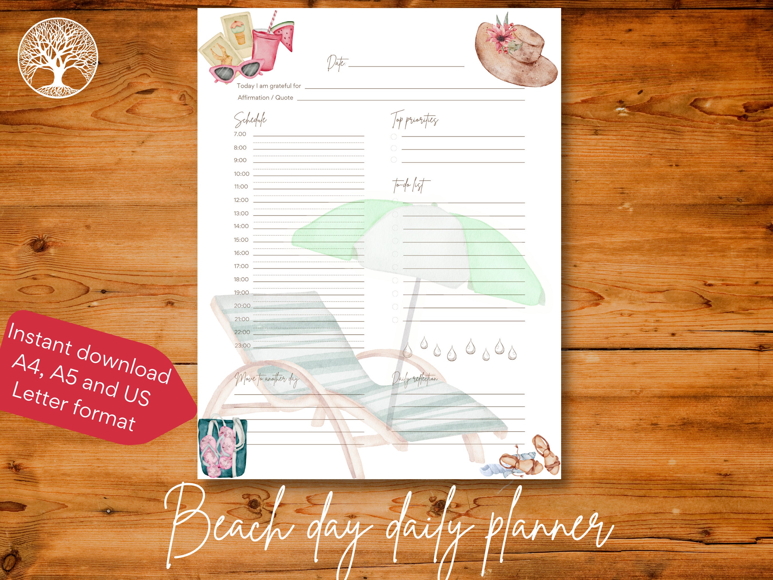 Daily Printable Undated Planner Template Page Illustrated With Beach ...