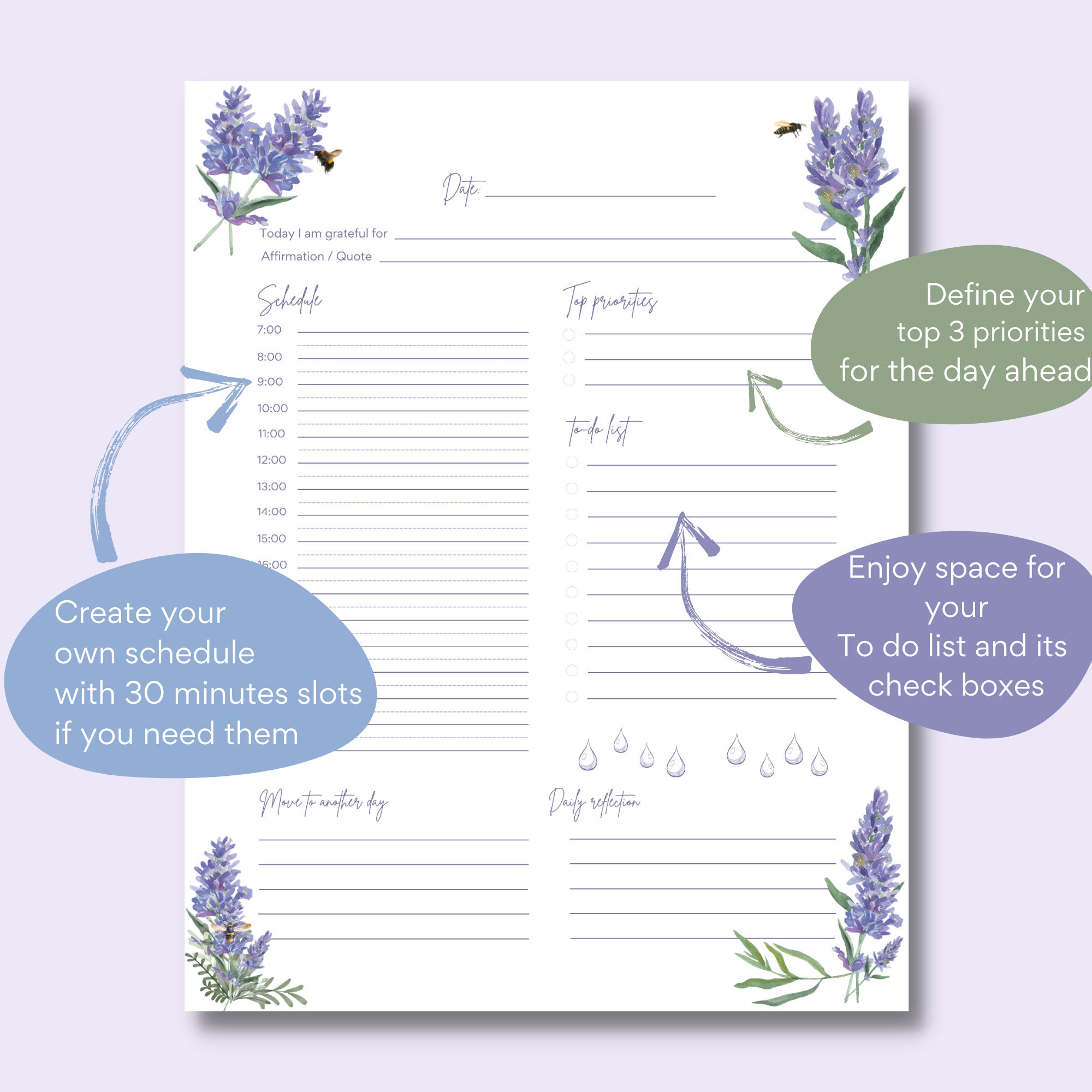 Daily Printable Undated Planner Template Page Illustrated With Lavender ...