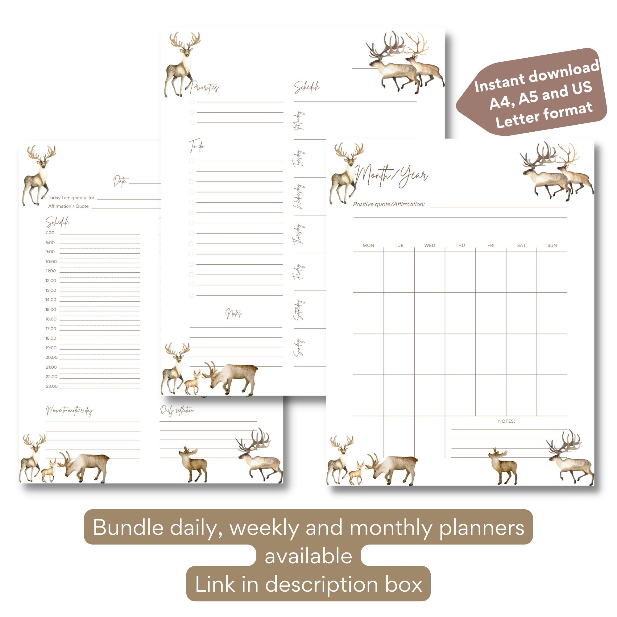 Monthly Printable Undated Planner Template Page Illustrated With a Deer ...