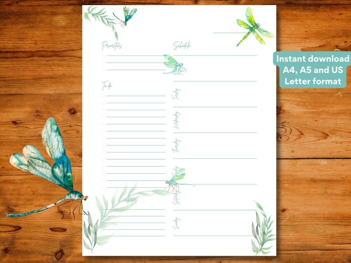 Printable Dragonfly Weekly Planner Template | Undated | Instant ...