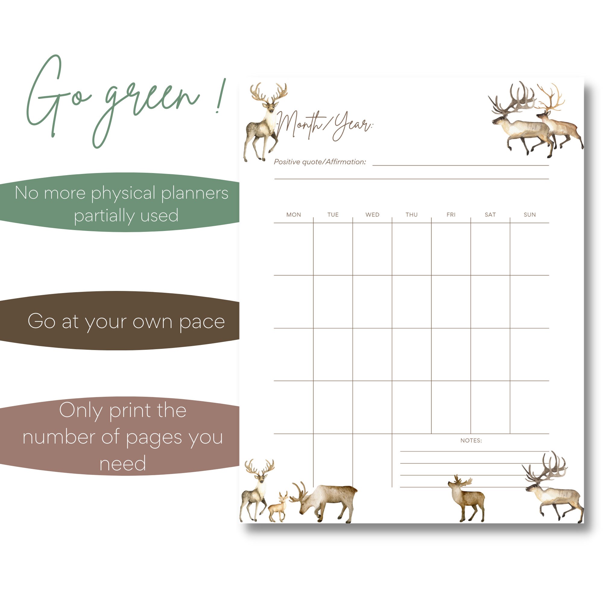 Monthly Printable Undated Planner Template Page Illustrated With a Deer ...
