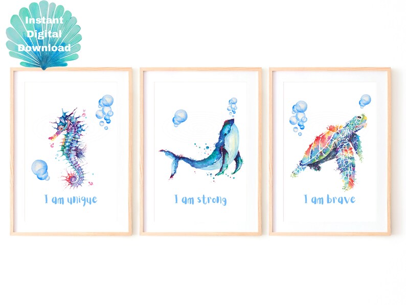 Watercolour Sea Animals Nursery Wall Art, Set of 3, Ocean Animals, Sea ...