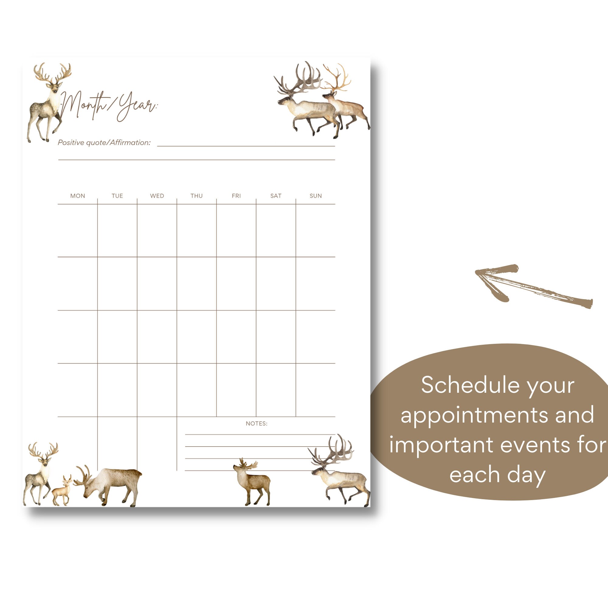 Monthly Printable Undated Planner Template Page Illustrated With a Deer ...