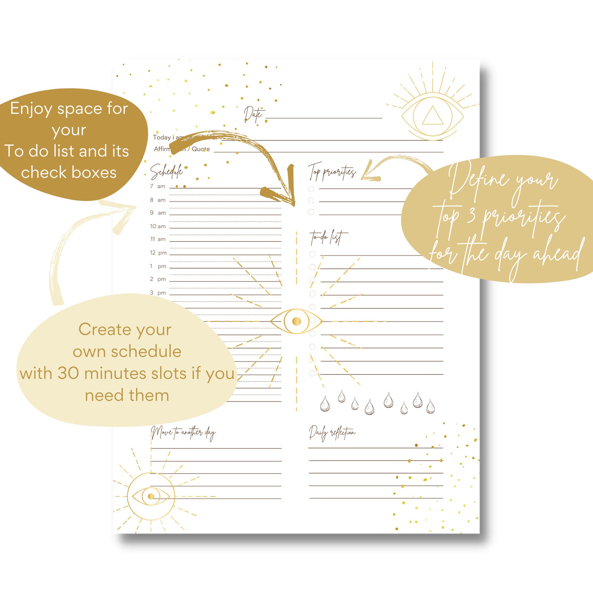 Daily Printable Undated Planner Template Page Illustrated With a Golden ...