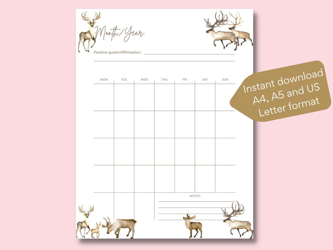 Monthly Printable Undated Planner Template Page Illustrated With a Deer ...