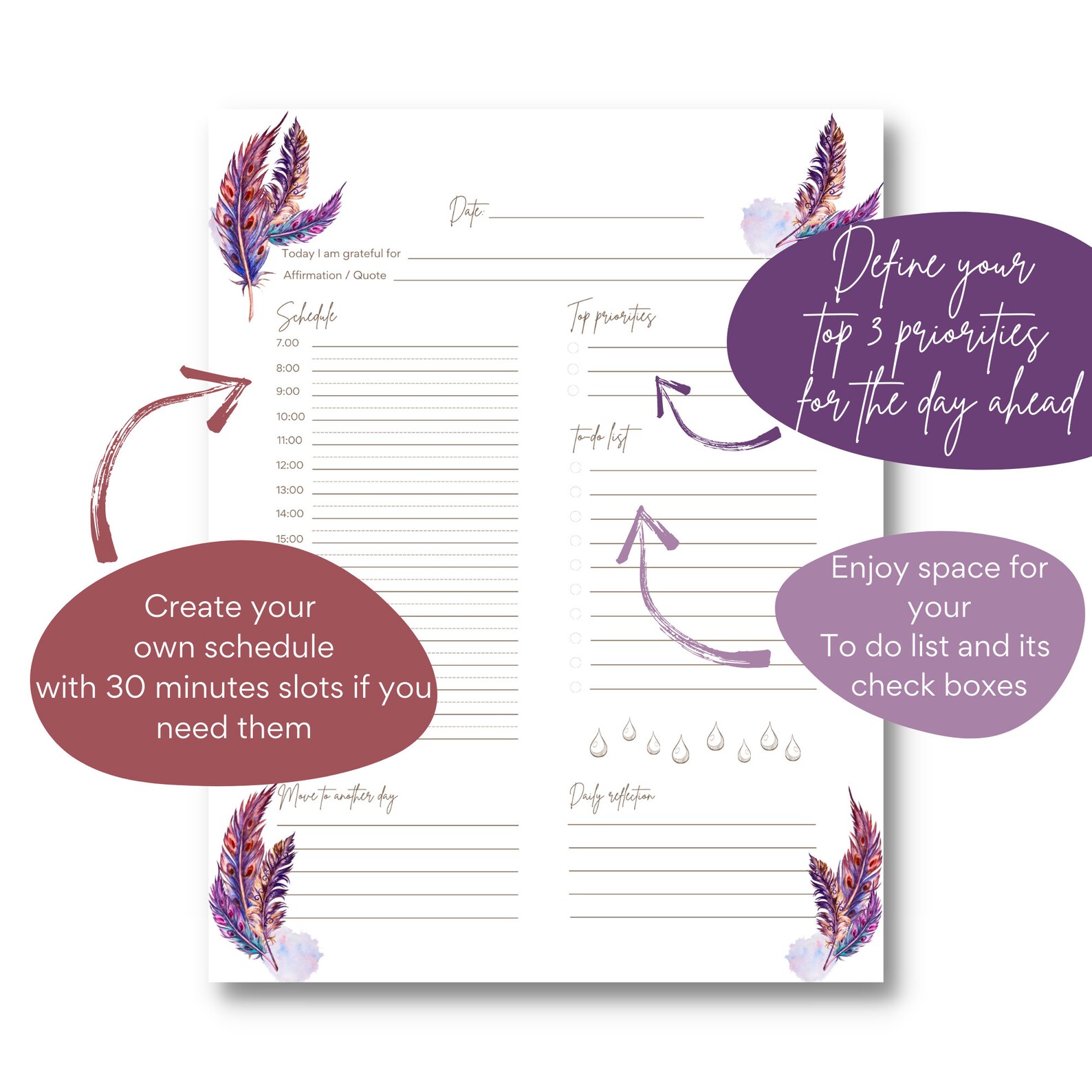Daily Printable Undated Planner Template Page Illustrated With Purple ...