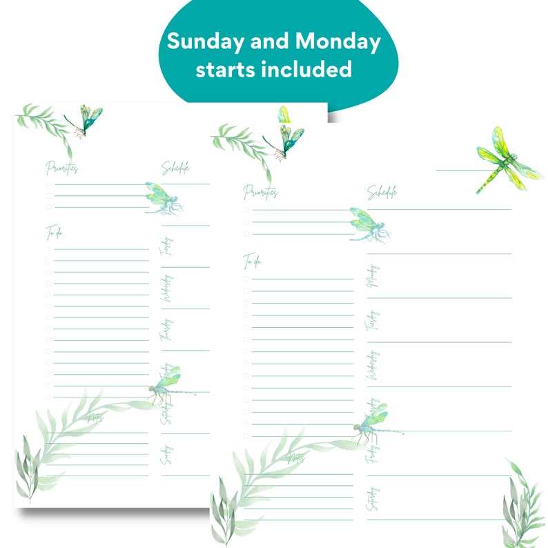 Printable Dragonfly Weekly Planner Template | Undated | Instant ...