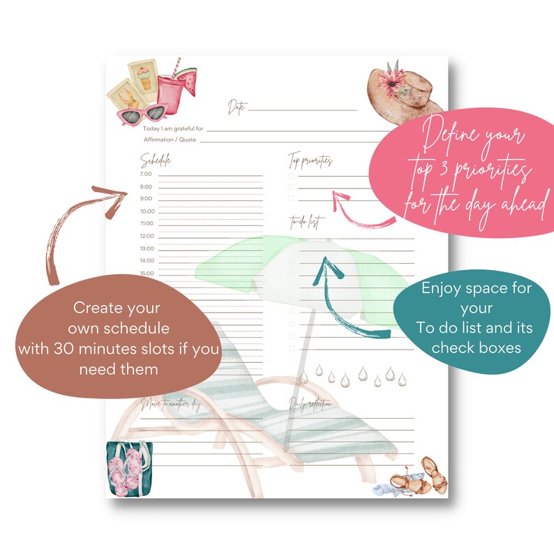 Daily Printable Undated Planner Template Page Illustrated With Beach ...