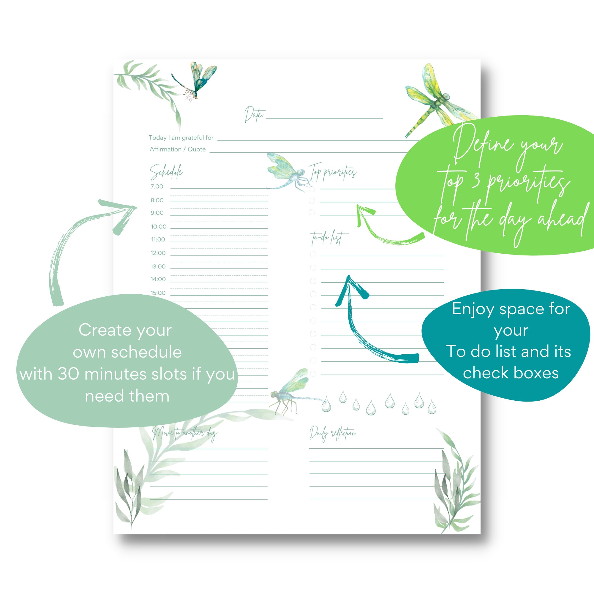 Dragonfly Illustrated Printable Daily Planner | Undated | Instant ...