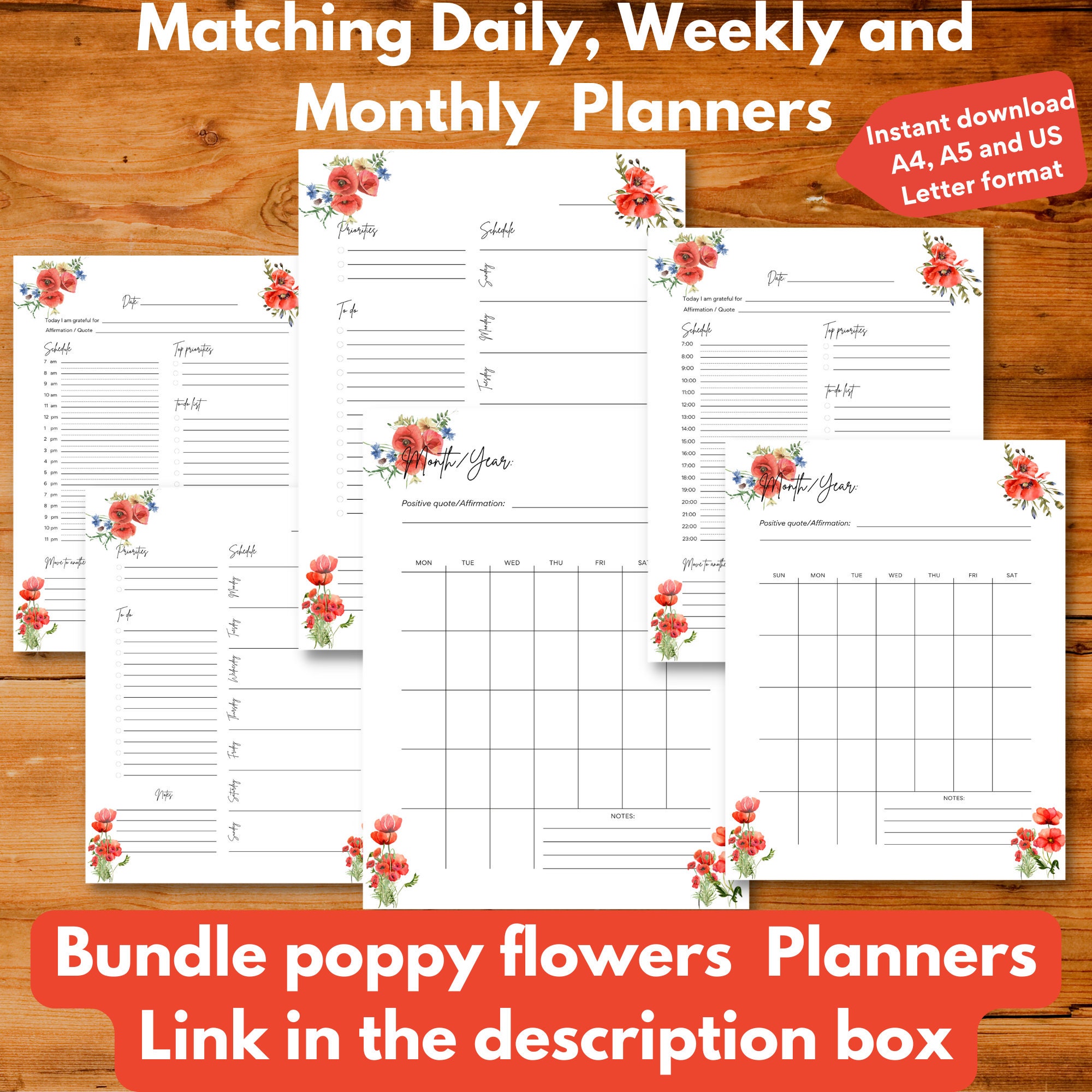 Weekly Printable Undated Planner Template Page Illustrated With Poppy ...